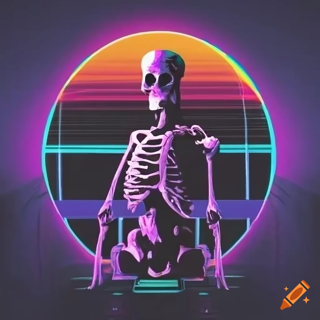Synthwave t-shirt with skeleton design on Craiyon