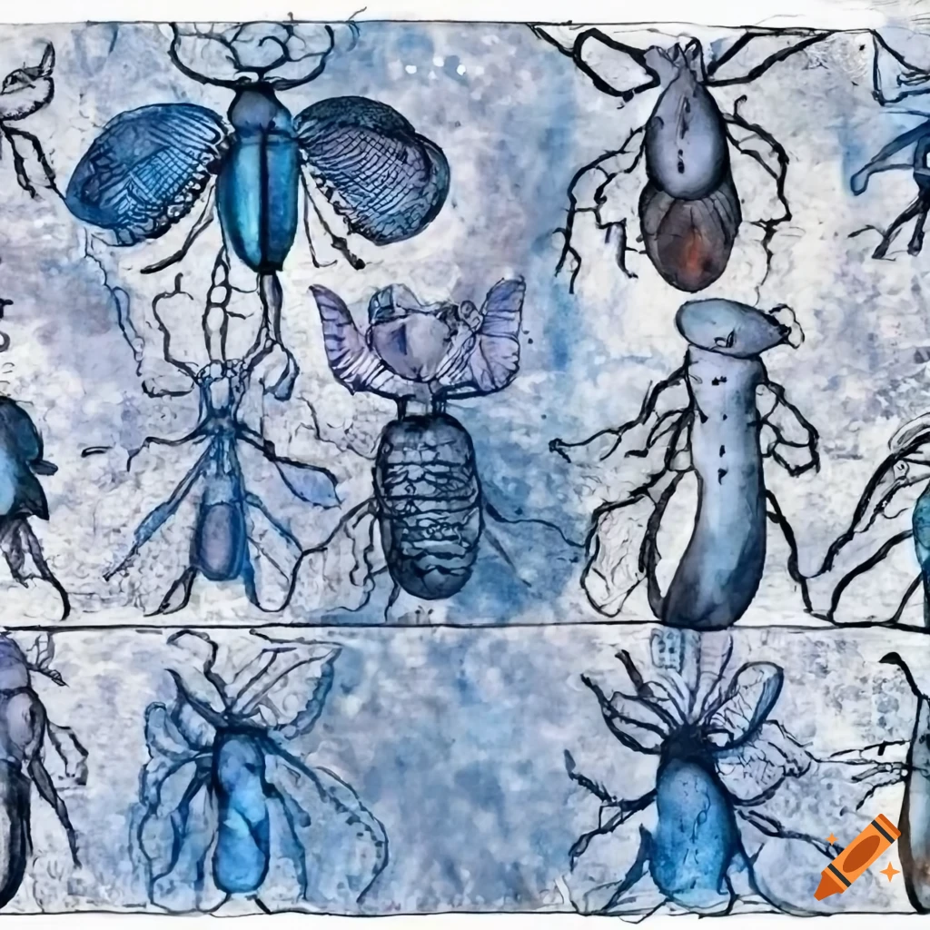 Detail line art showing insects with human faces in blue watercolor on ...