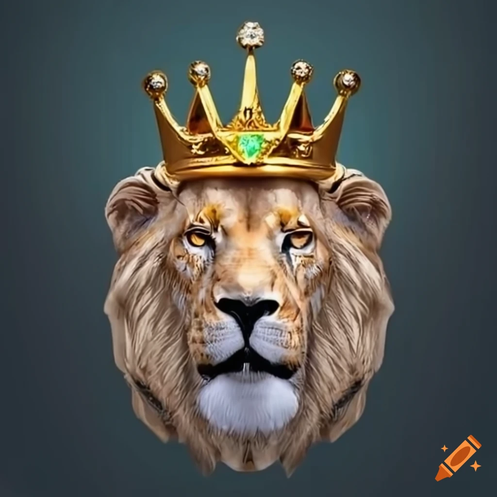 Proud lion head with golden crown of diamonds and emeralds on Craiyon