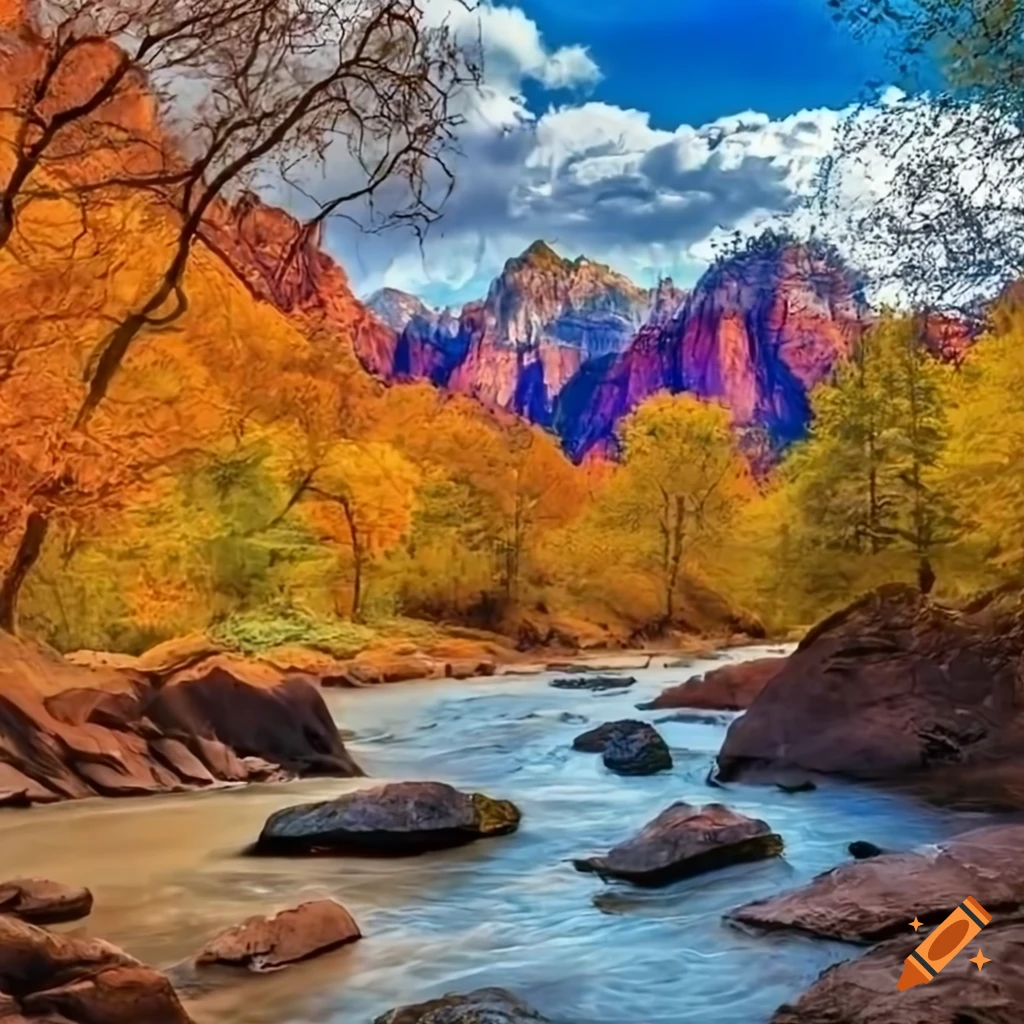 Stunning zion park with mountainous background and colorful autumn ...