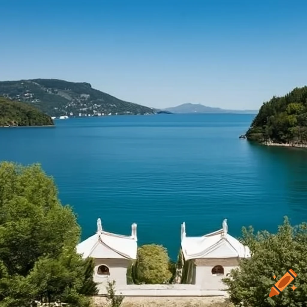 Greek style villa in front of a lake on Craiyon