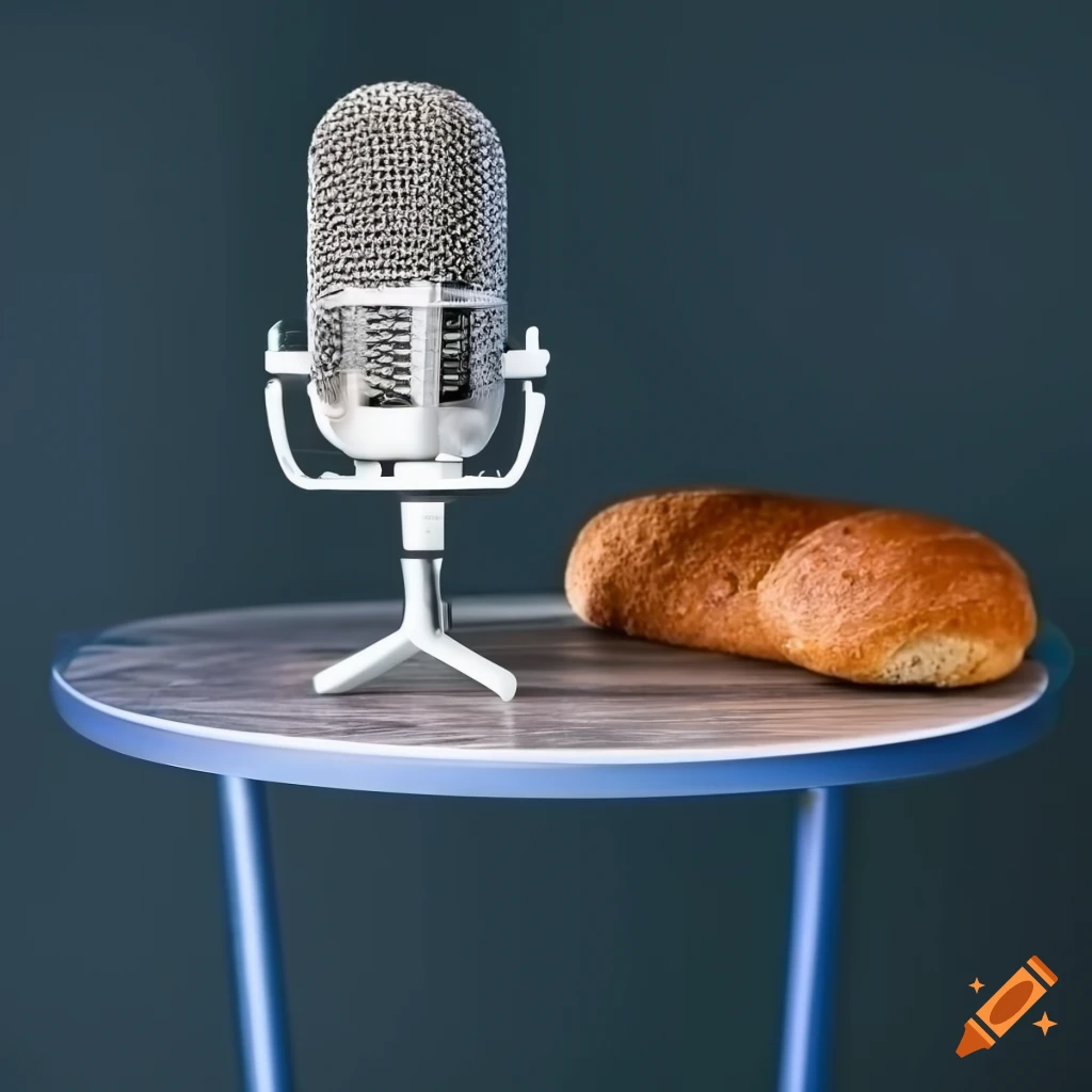 Podcast host with microphone and headphones in front of a table with ...