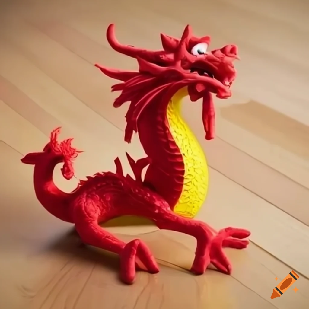 Red Chinese dragon made of play-doh on hardwood floor on Craiyon