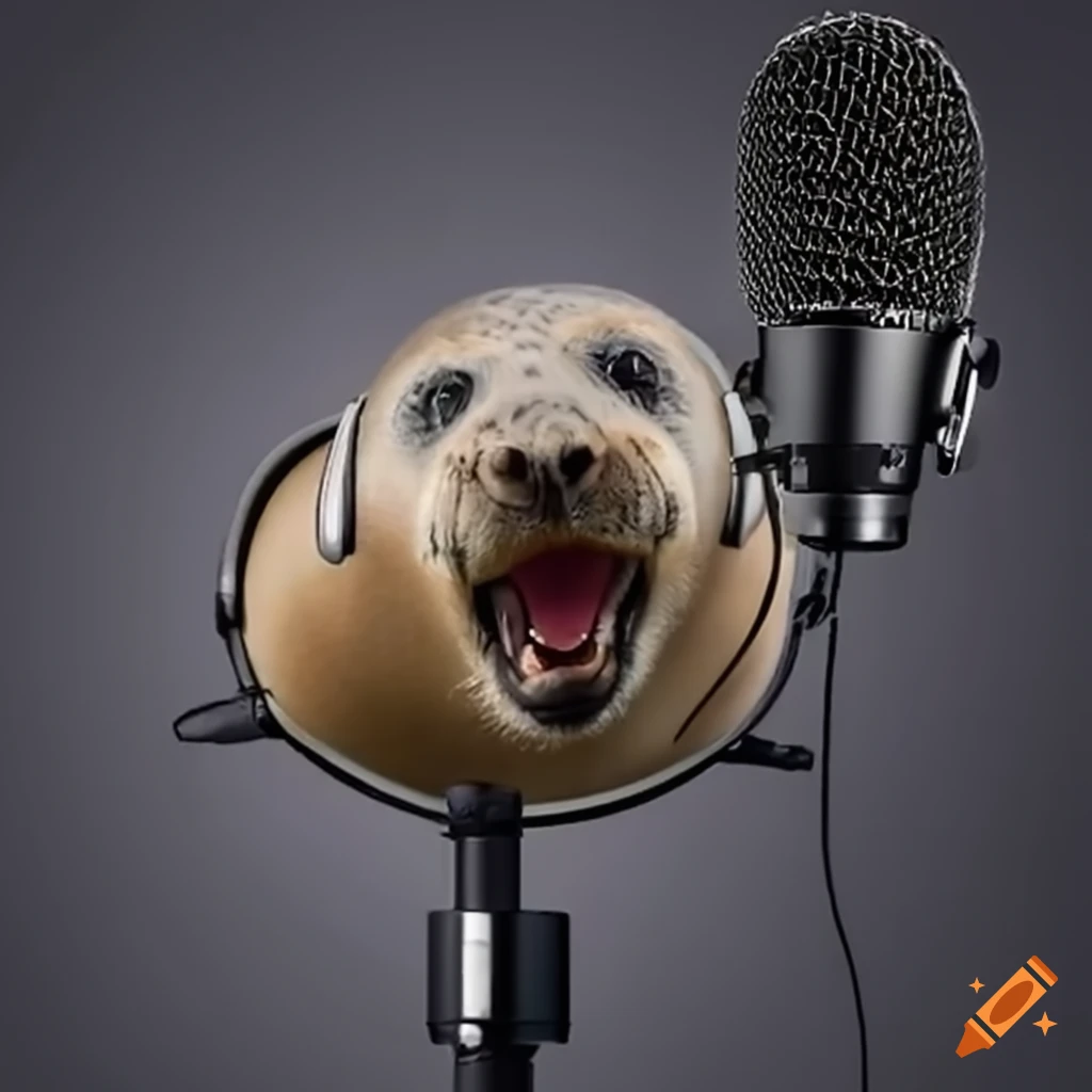 Funny seal with headphones shouting into a microphone on Craiyon