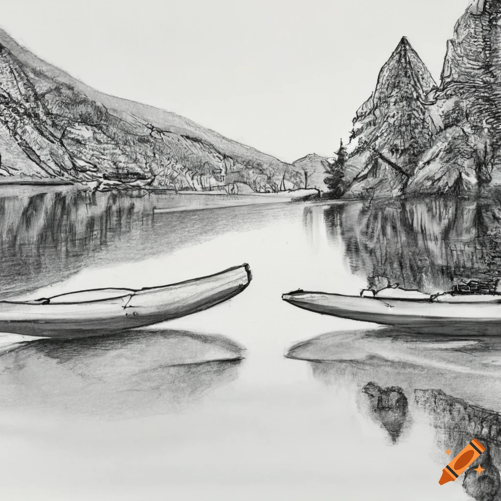 Black and white pencil sketch of kayaks on the shore of a mountain lake ...