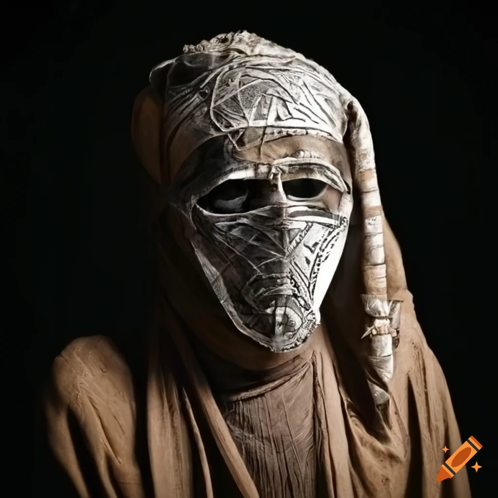 Mummy with kaftan and silver mask standing in the desert on Craiyon