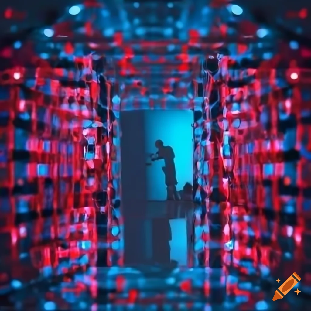 Person looking at reflection in scattered mirrors with colorful ...