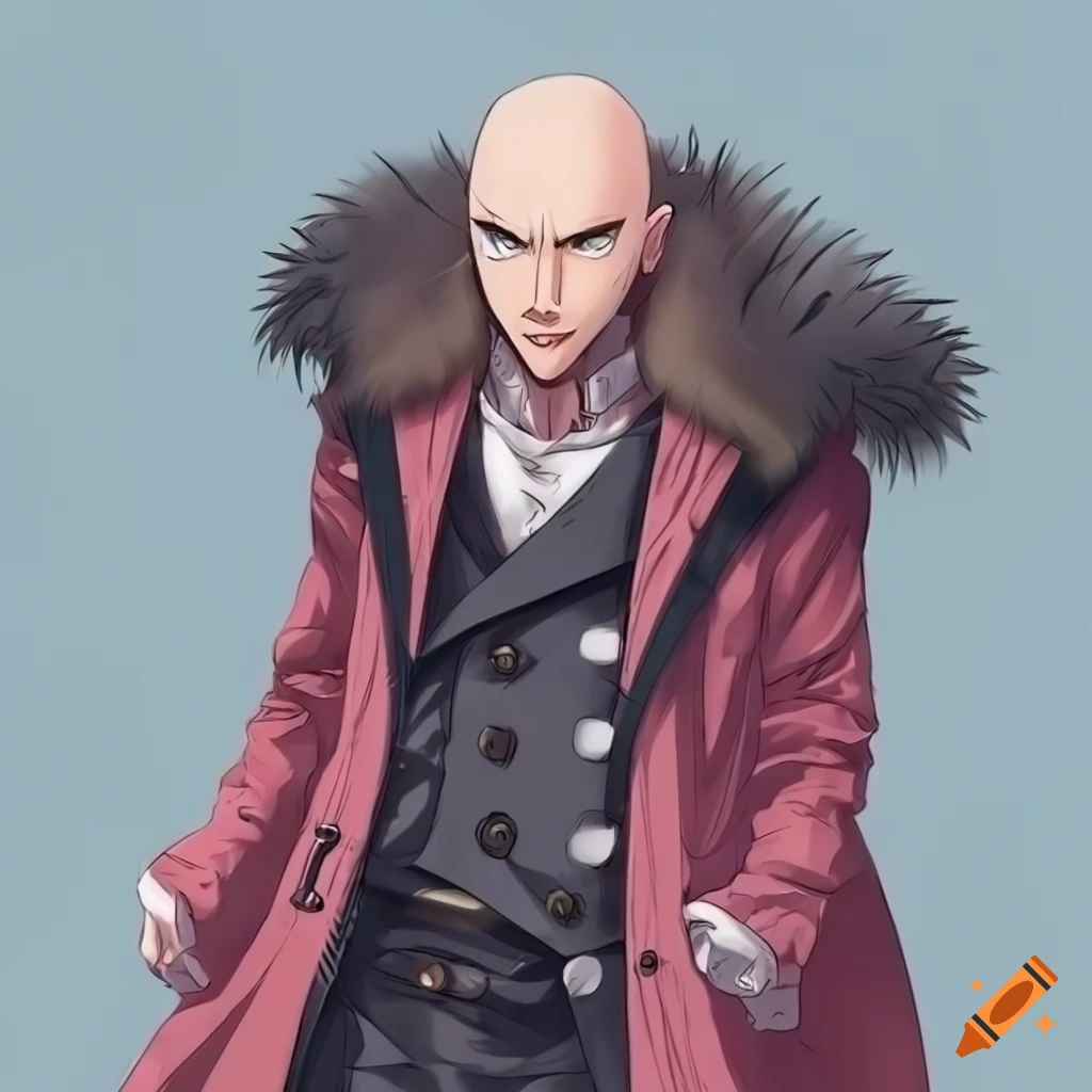 Muscular bald anime character in stylish long coat with fur trim on Craiyon