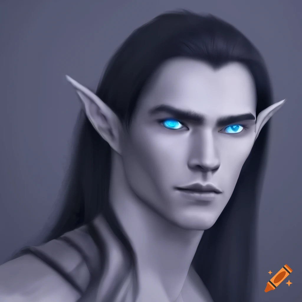 Portrait of handsome male elf with blue eyes and long black hair on Craiyon