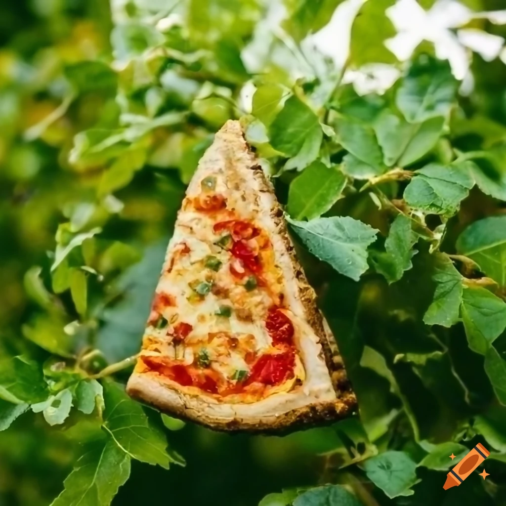 Pizza tree with slices growing on branches in analog photography on Craiyon