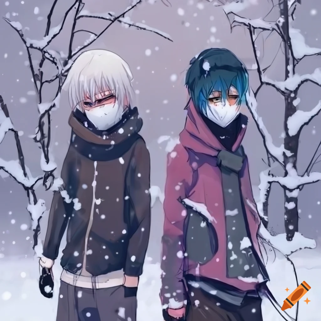 Two goth emo anime boys with masks in the winter snow on Craiyon