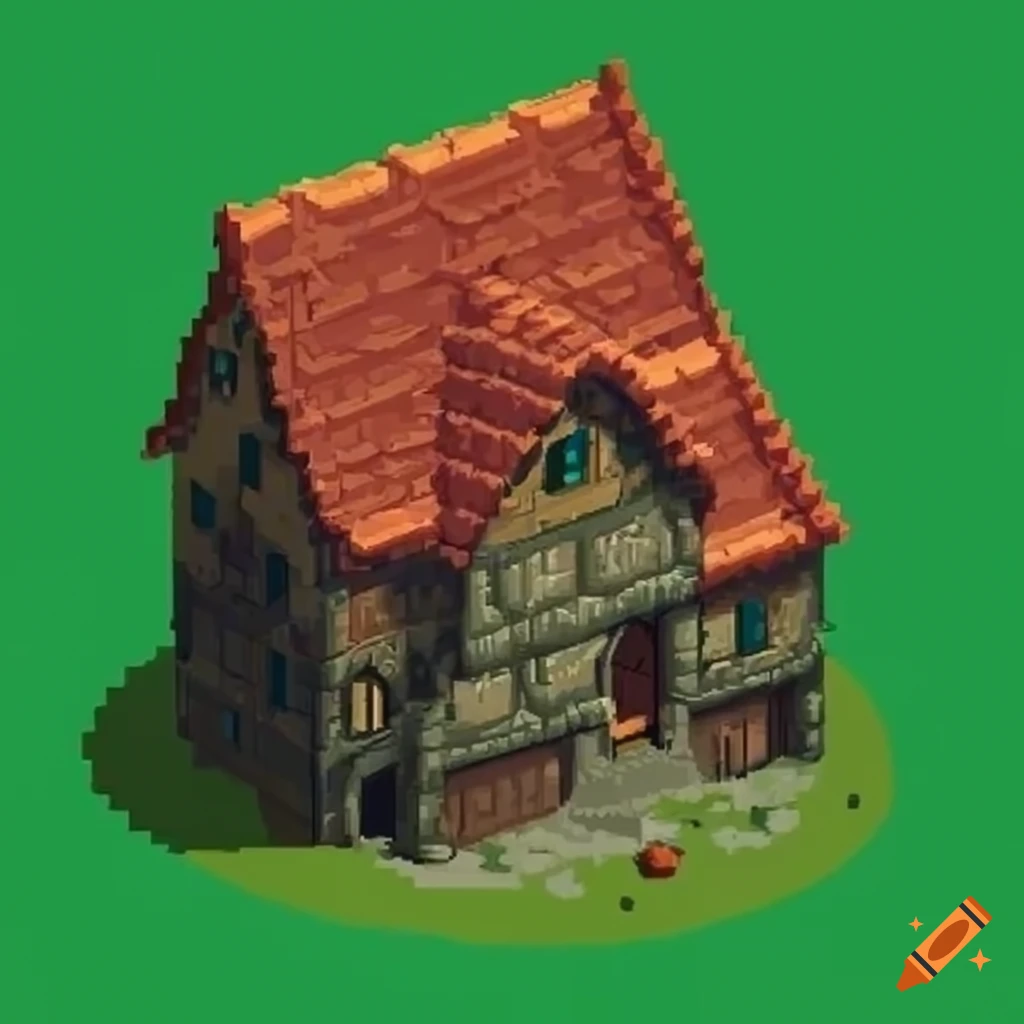 Isometric pixel art of a medieval village house on Craiyon