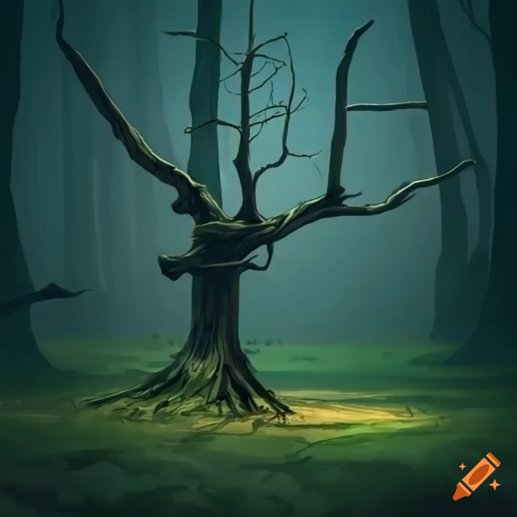 Desolate dead tree in the forest on Craiyon