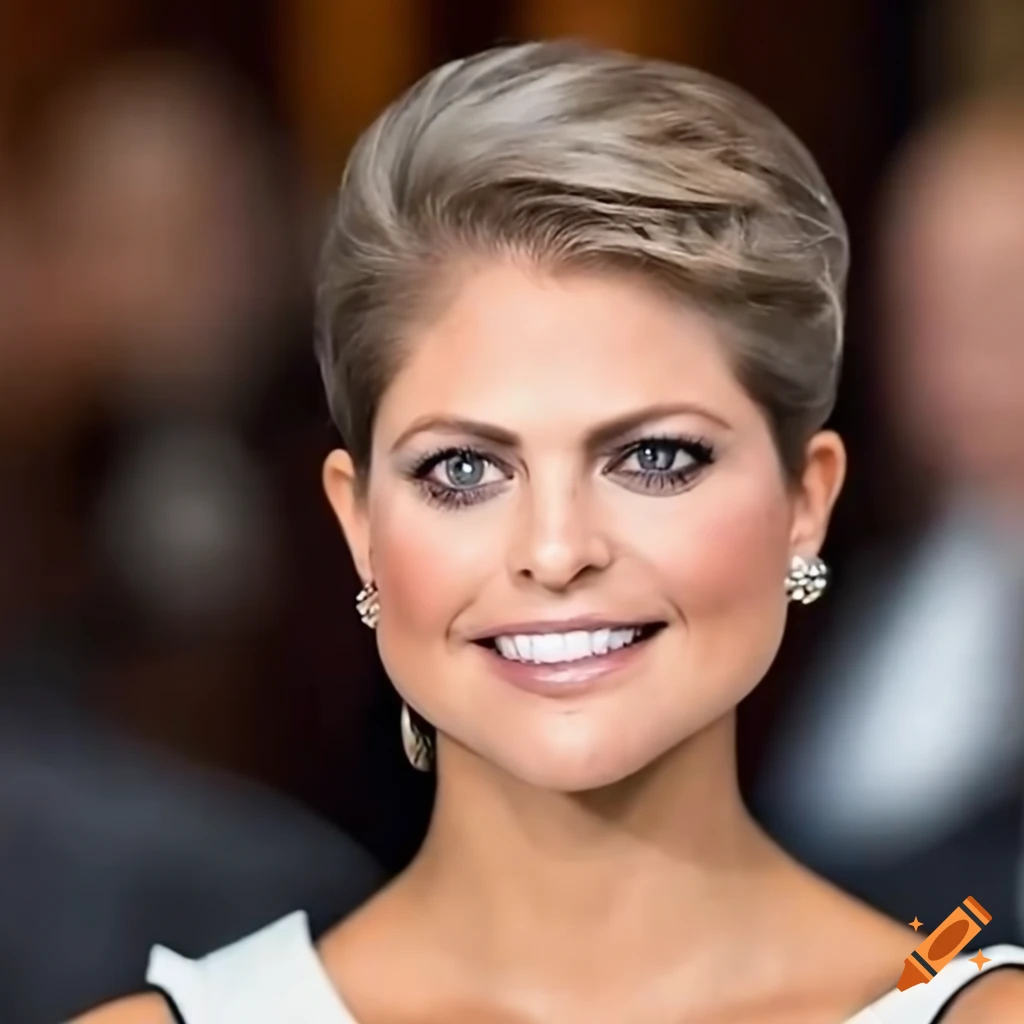 Princess Madeleine with a chic extremely short pixie haircut on Craiyon