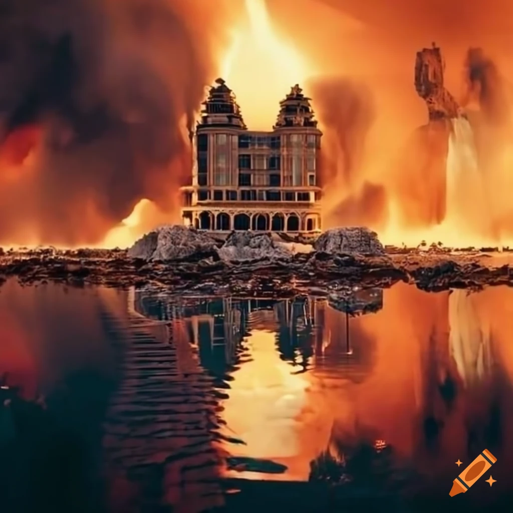 Luxurious 1920s-style hotel on a floating rock surrounded by flames on ...