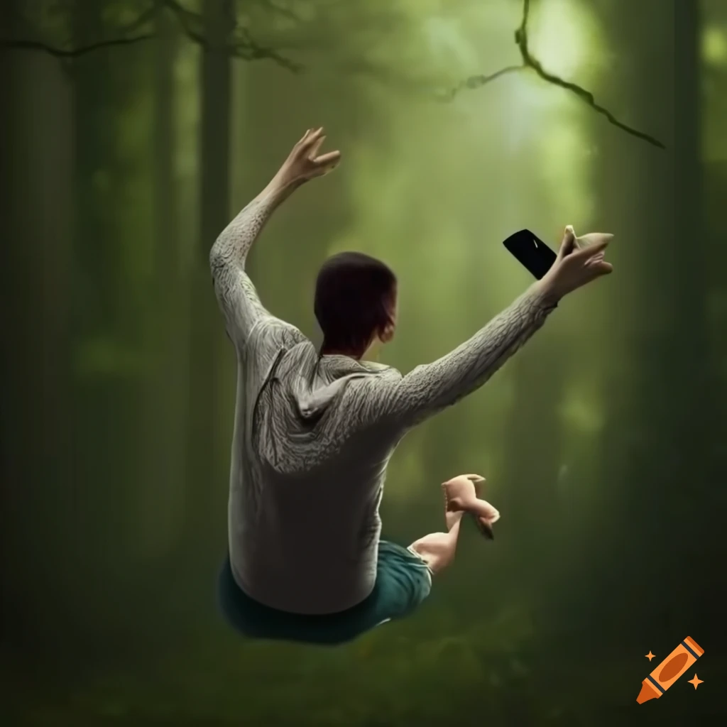 Man falling in forest dropping cell phone on Craiyon