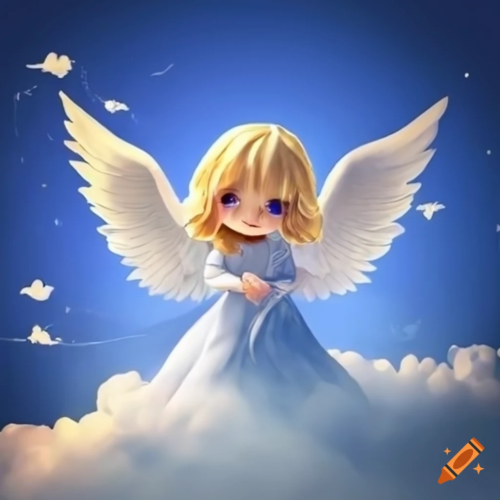 Adorable angel with wings flying among clouds in high-quality animation ...