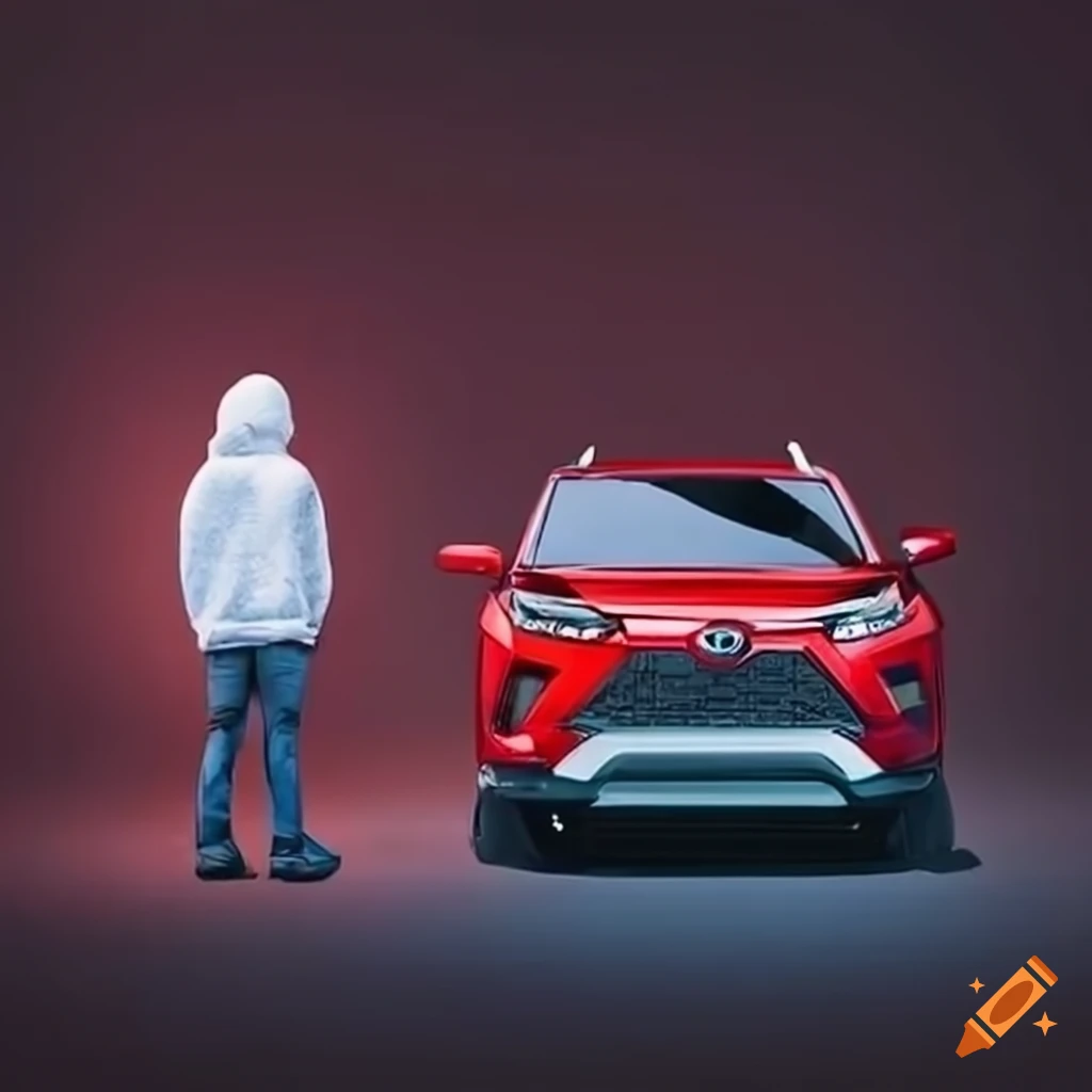Red Toyota RAV4 with person wearing white hoodie and using laptop on ...