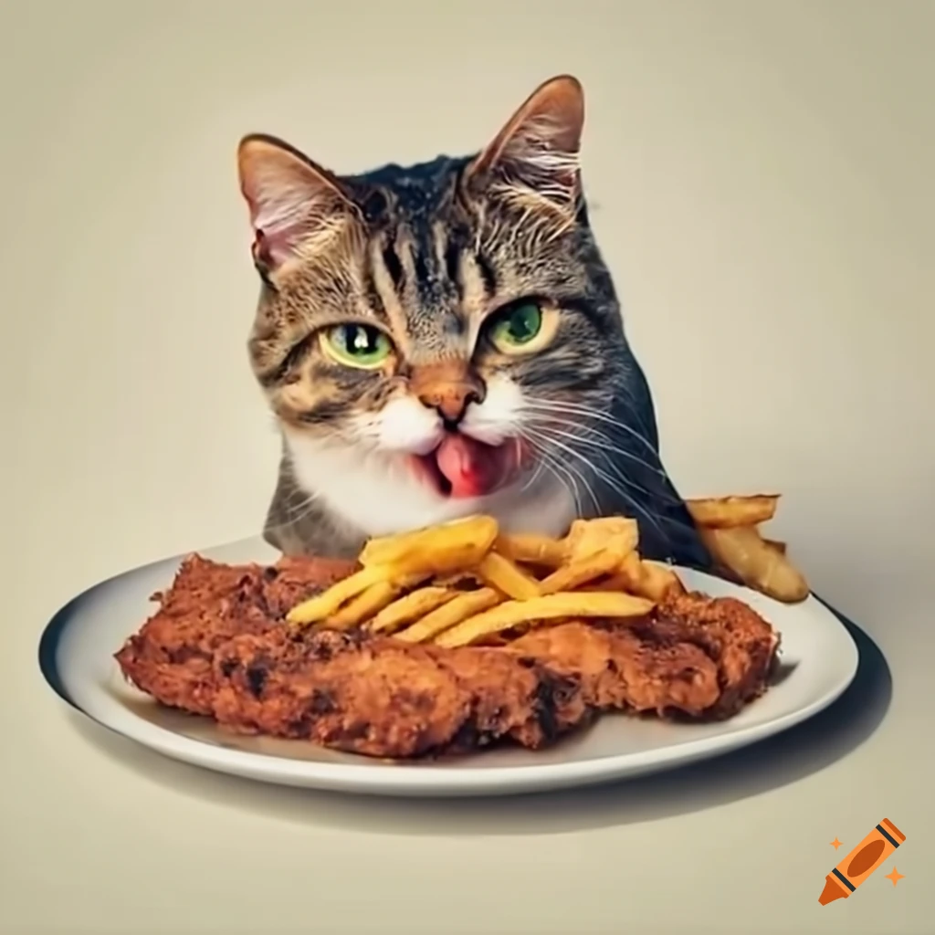 Adorable cat enjoying a plate of veal schnitzel and french fries on Craiyon