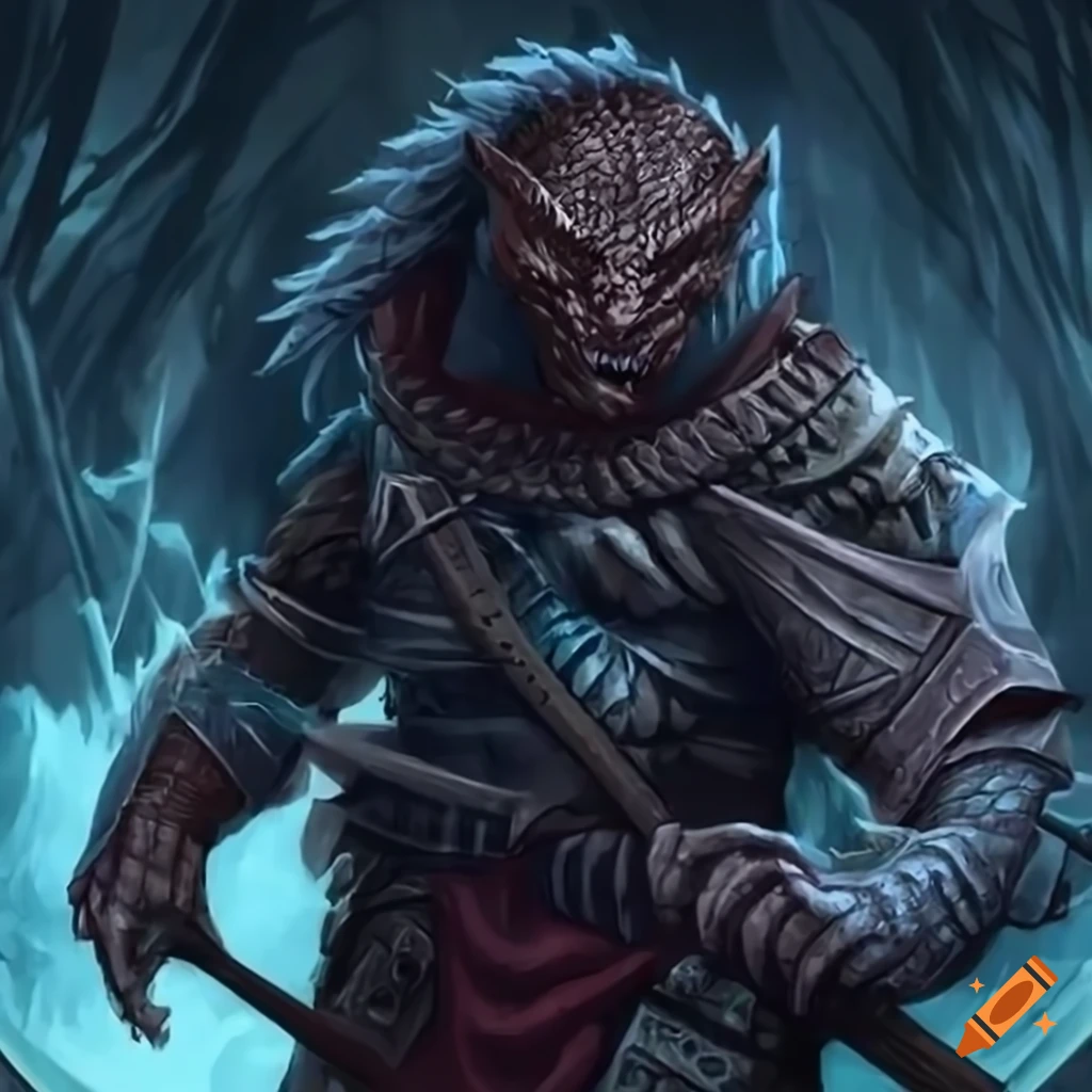D&d dragonborn with black ice shards stuck in him on Craiyon