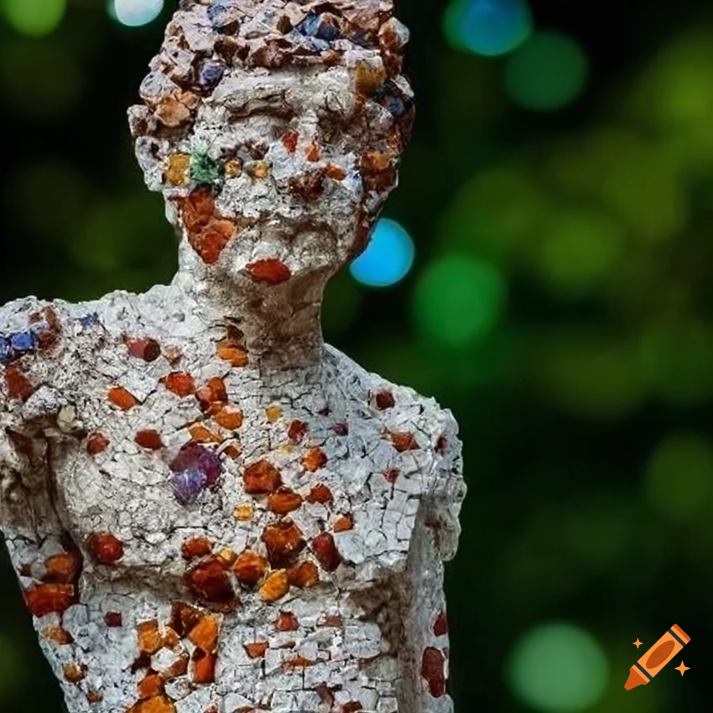 Man statue covered in vanadinite crystals and raw rock mosaic on Craiyon