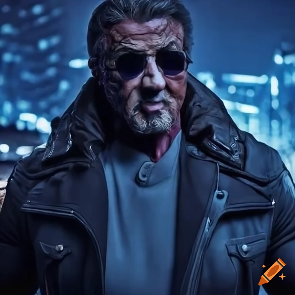 Sylvester stallone with a beard and jacket in a futuristic night city ...