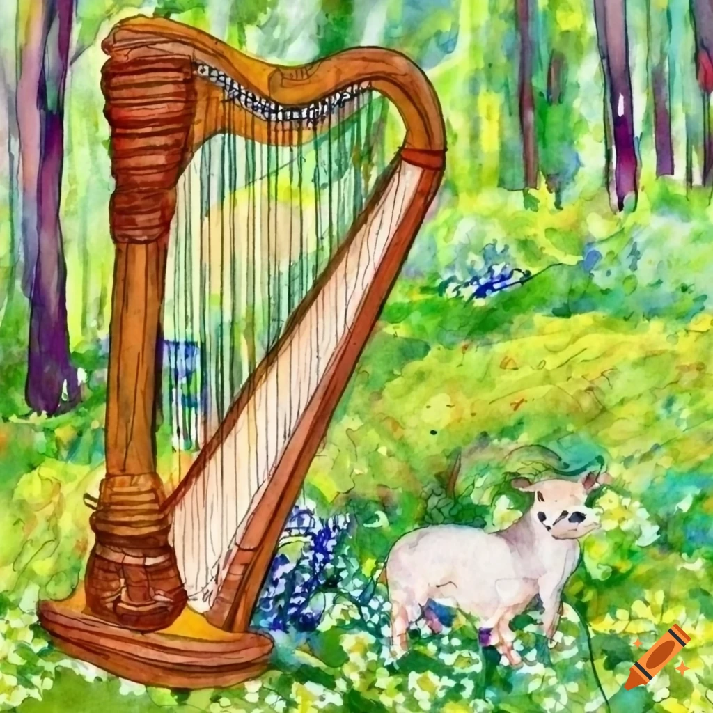 Harp in the woods near a springtime brook with flowers and woodland ...