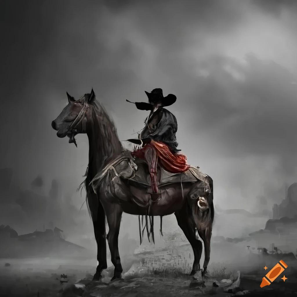 Undead cowboy on horse overlooking ruined city in black, white, and red ...