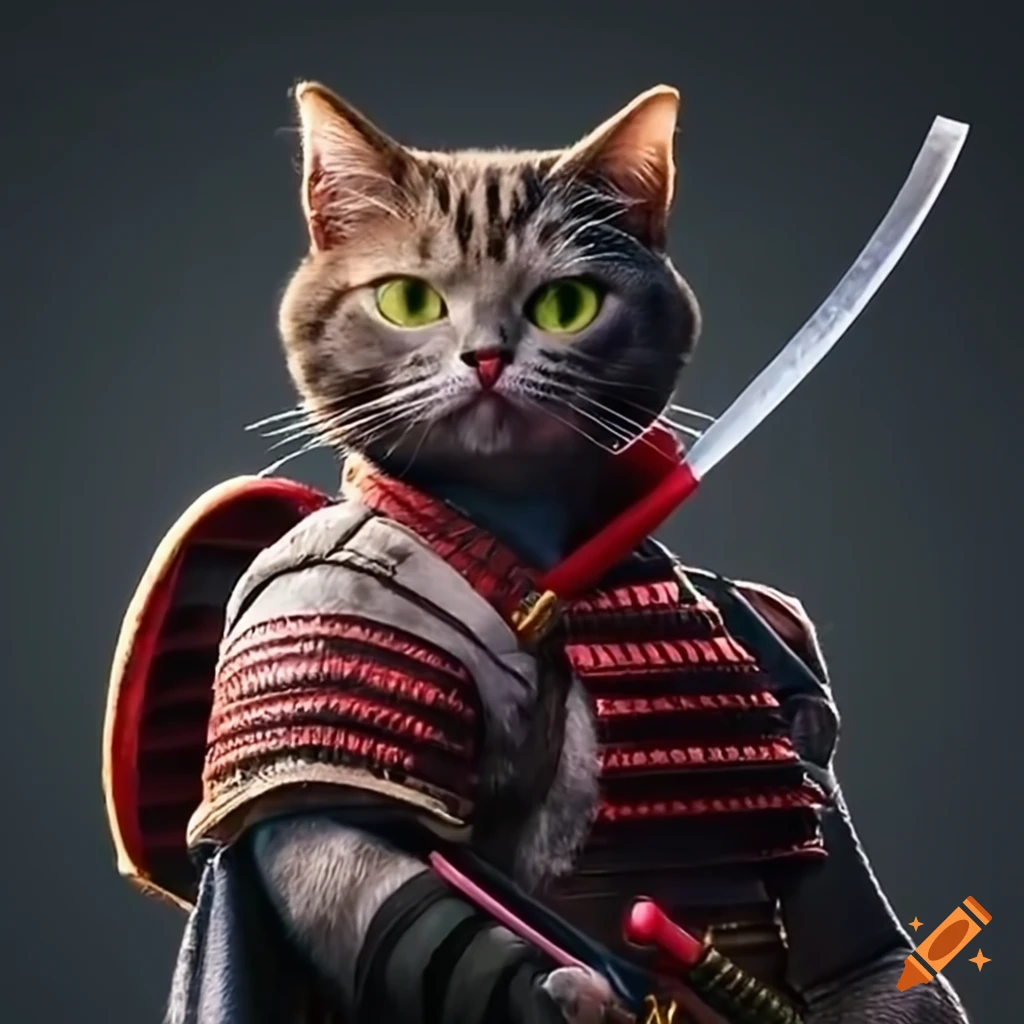 Samurai kitty engaged in a sword fight on Craiyon