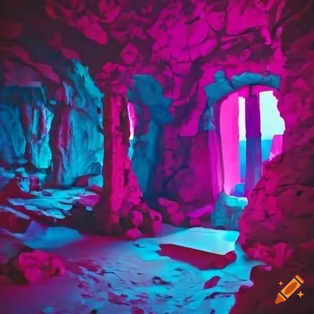 Neon pink-tinted ruins inside a cave on Craiyon