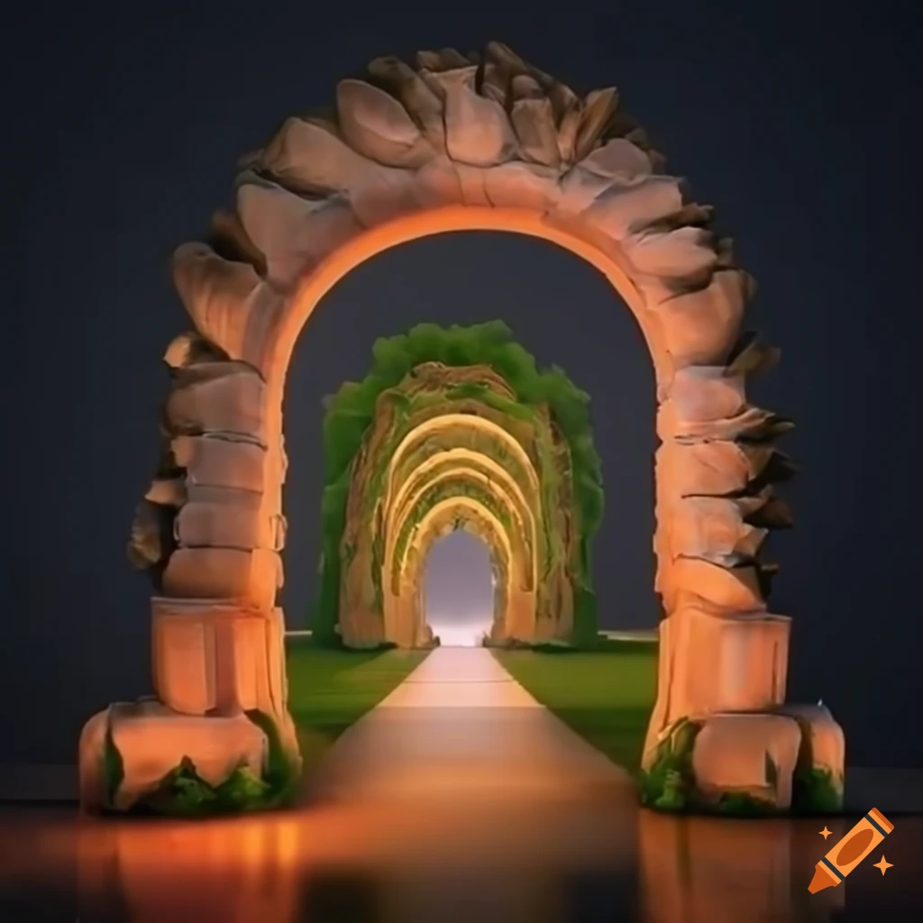 Forested island with a gateway portal made of natural stone on Craiyon