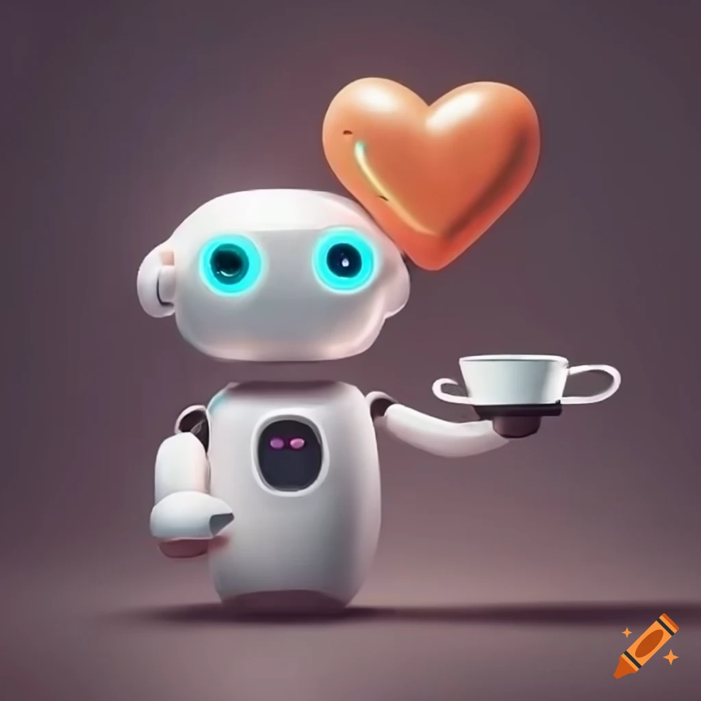 Optimistic future robot holding a cup of coffee with a heartwarming ...