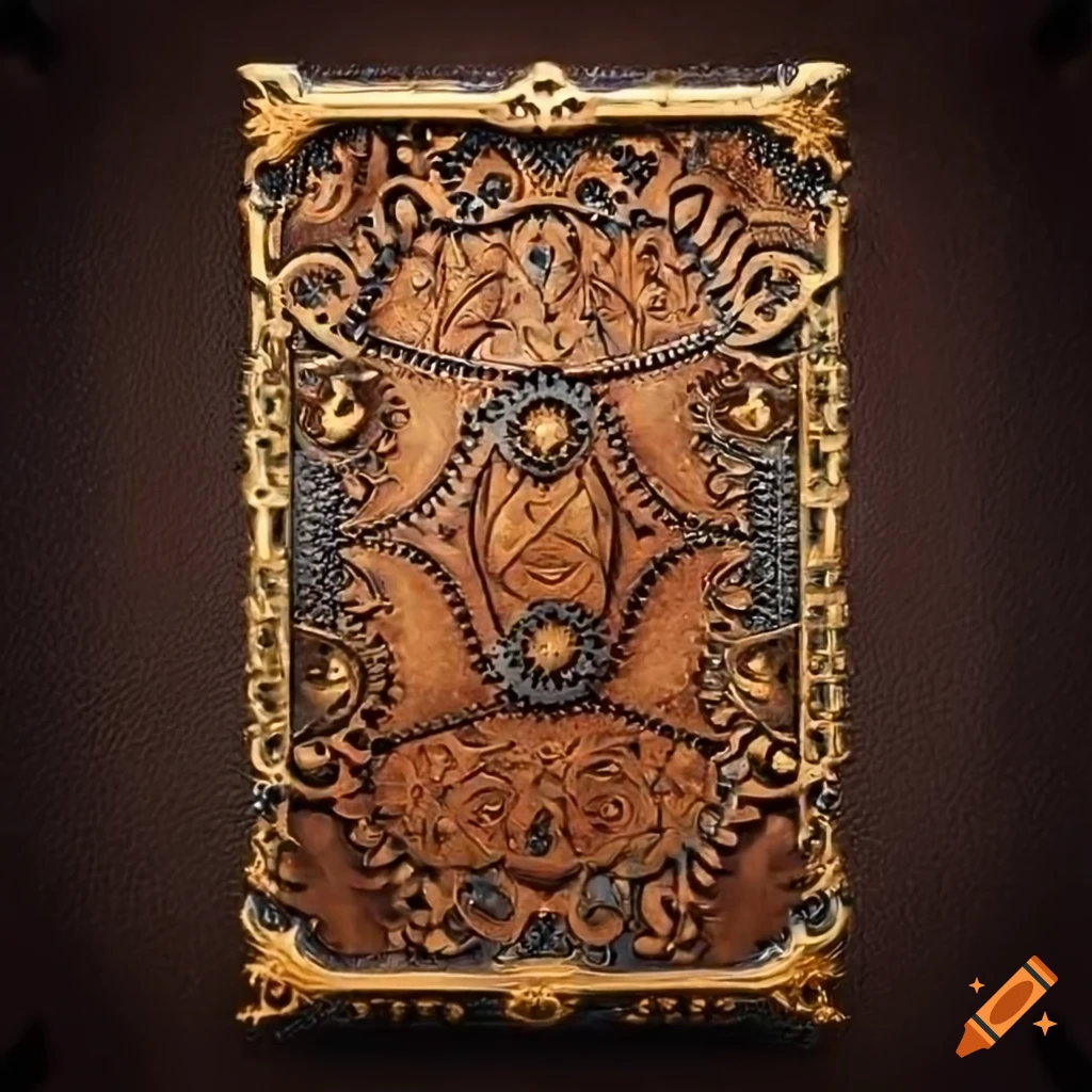 Intricate steampunk-style leather texture with gold inlay on Craiyon