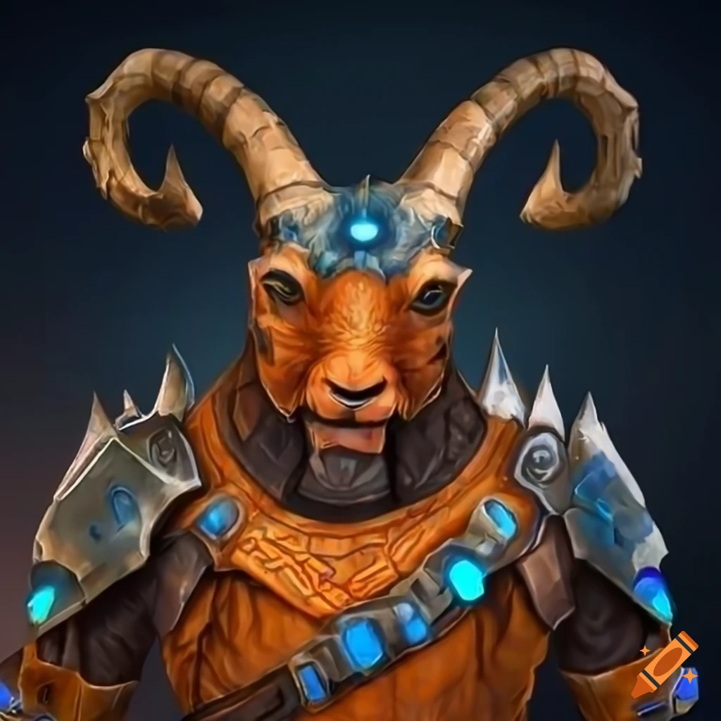 Futuristic orange dwarf goat armor with blue highlights on Craiyon
