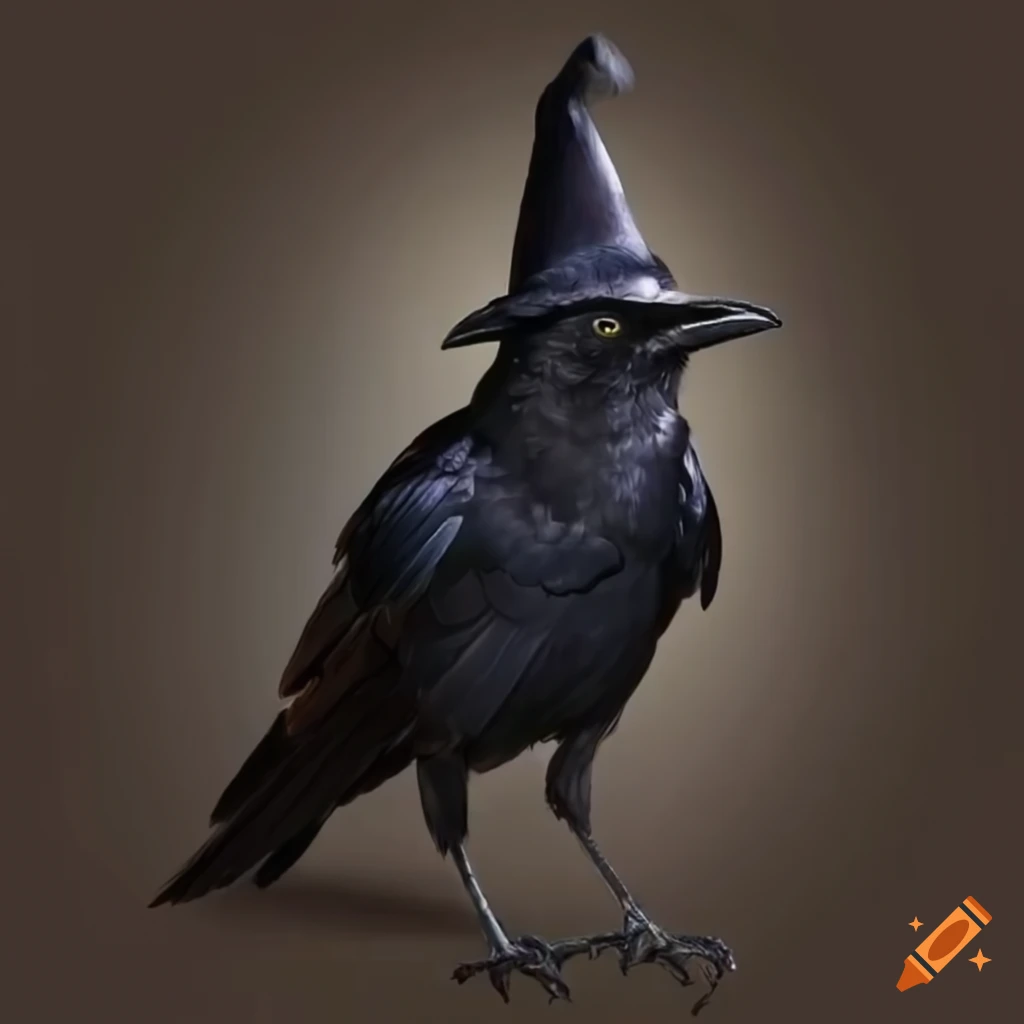 Clever crow with a wizard's hat and twig wand on Craiyon