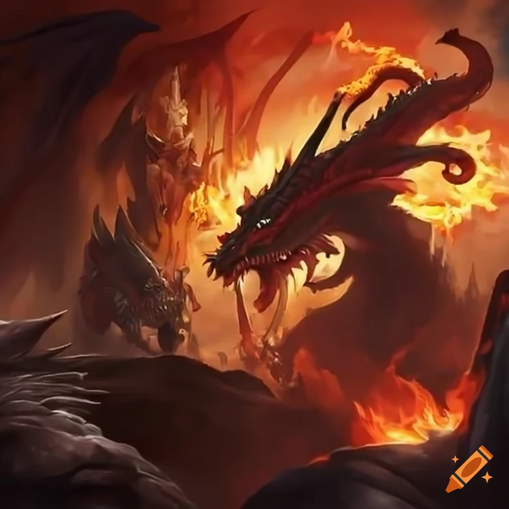 Fire dragon battling cerberus at the gates of tartarus in high ...