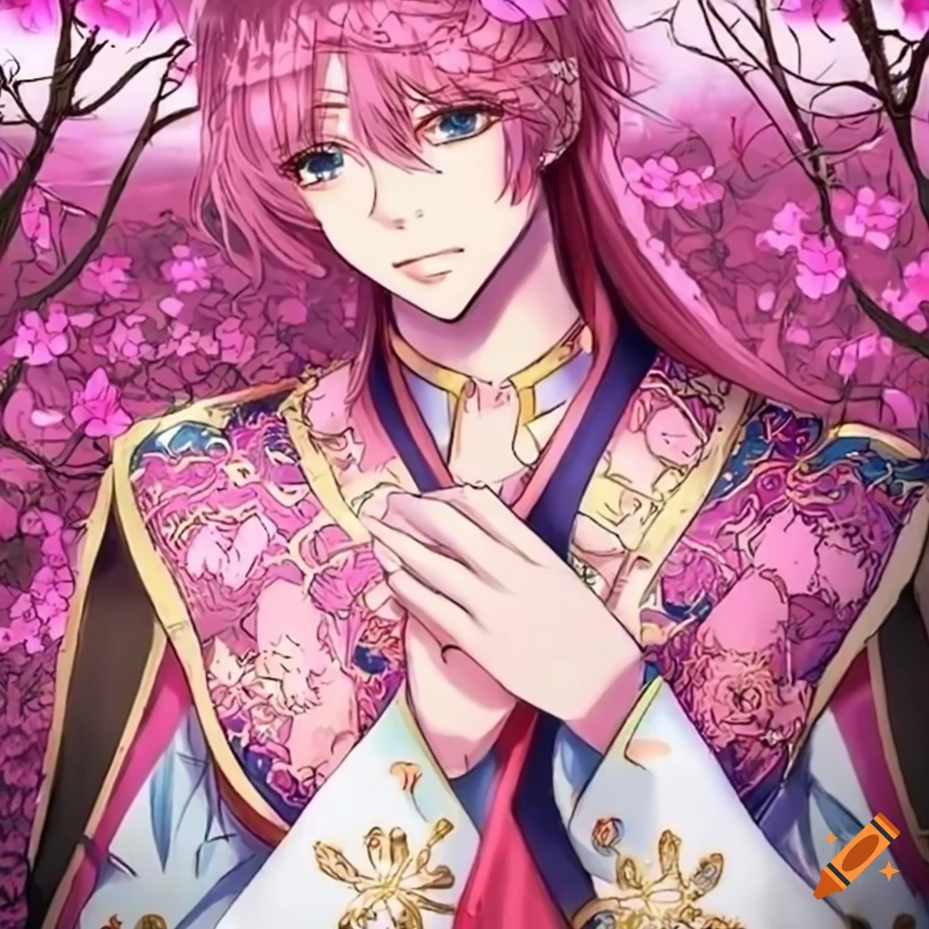 Anime pink prince with long hair in a forest of flowers on Craiyon