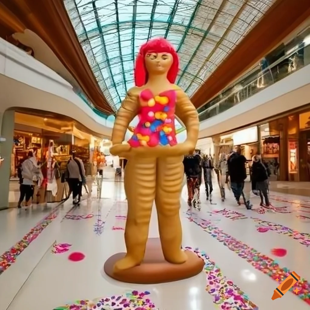 Giant sugar cookie fashion statues in a decorative mall on Craiyon