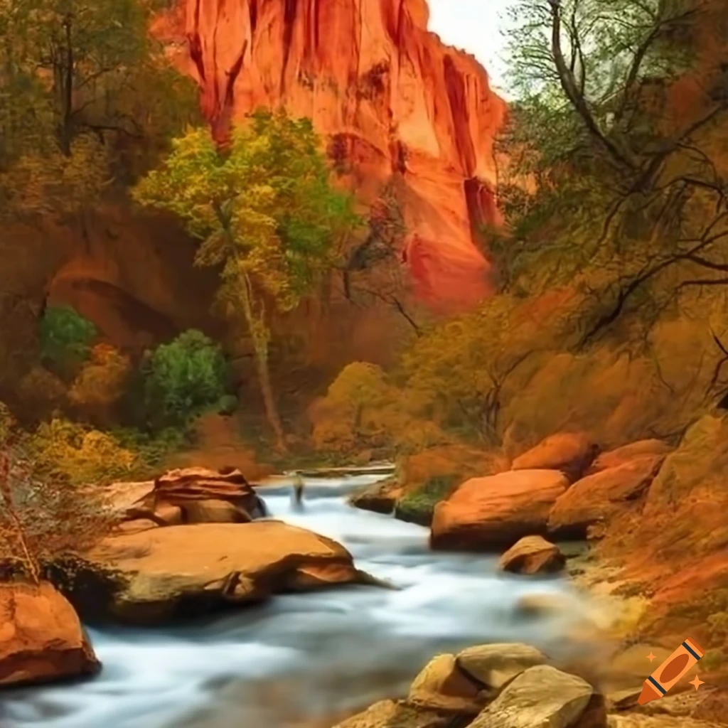 Stunning zion park with mountainous background and colorful autumn ...