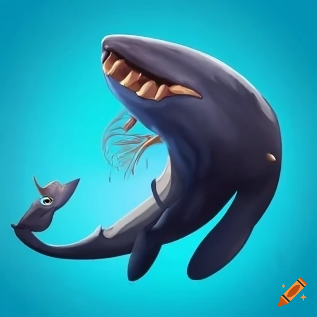 Cartoonish battle between a giant seafood monster and a sperm whale on ...
