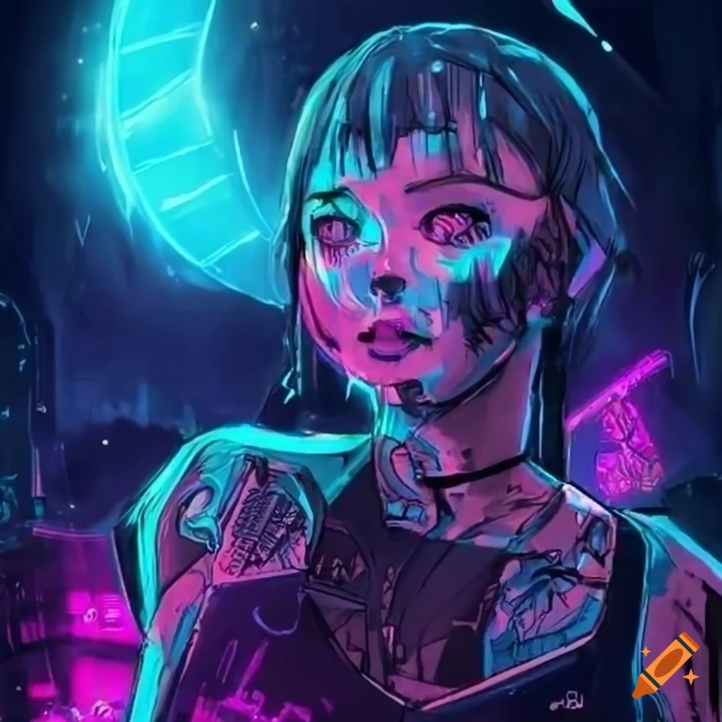 Anime Synthwave Gaming space cyberpunk workshop in neon ukiyo-e style ...