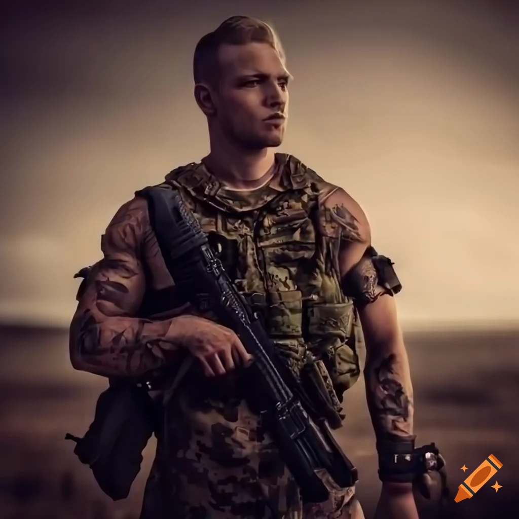 Confident muscular soldier posing in front of a battlefield on Craiyon
