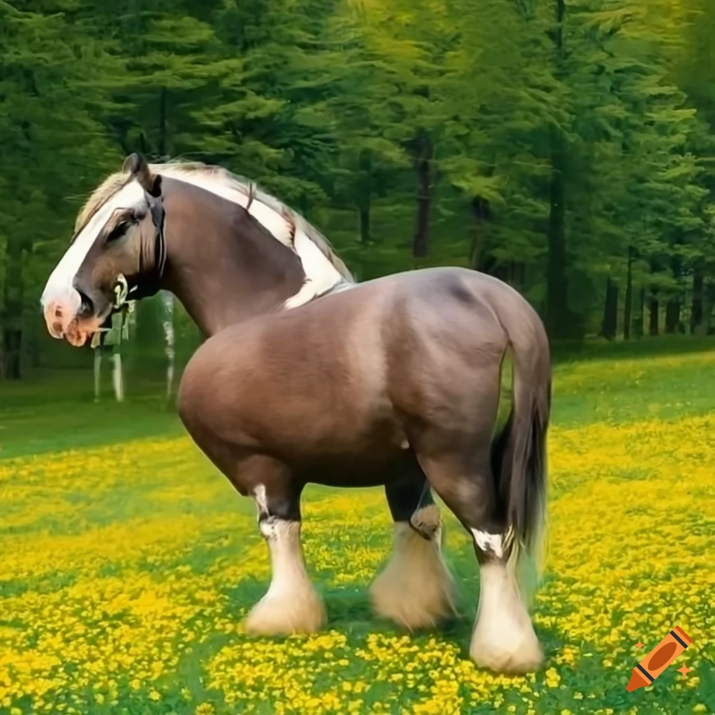 Side view of shire horse in green meadow with flowers and forest in the ...