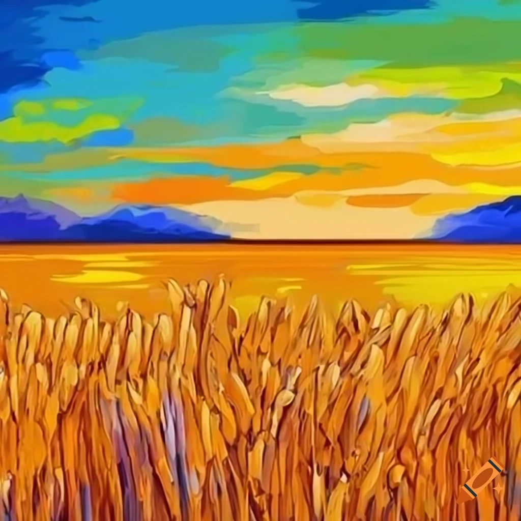 Colorful line drawing of golden wheat fields on Craiyon