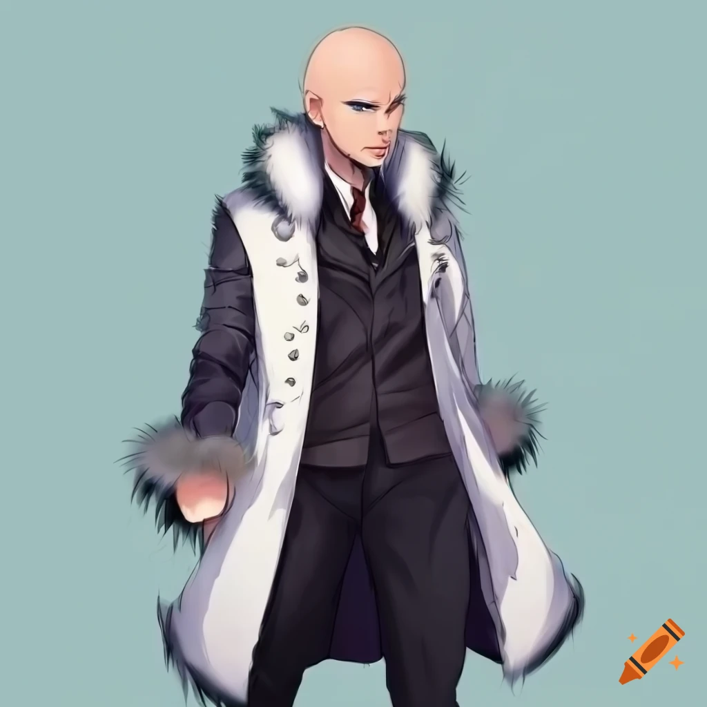 Muscular bald anime character in stylish long coat with fur trim on Craiyon
