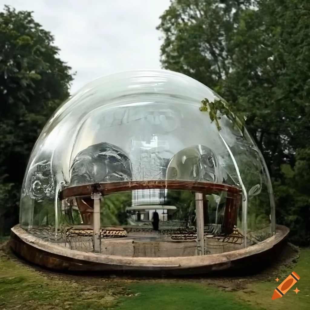 Steampunk-themed biodome with art deco glass and stone in midday ...