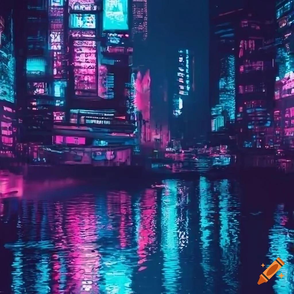 Cyberpunk cityscape with neon lights by the waterfront on Craiyon