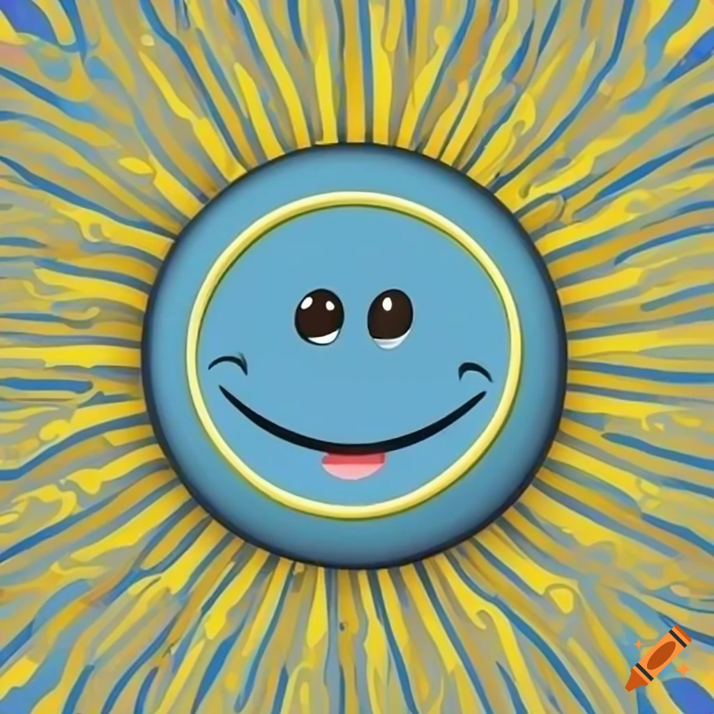 Smiling cartoon striped circle in yellow, blue, and white colors on Craiyon