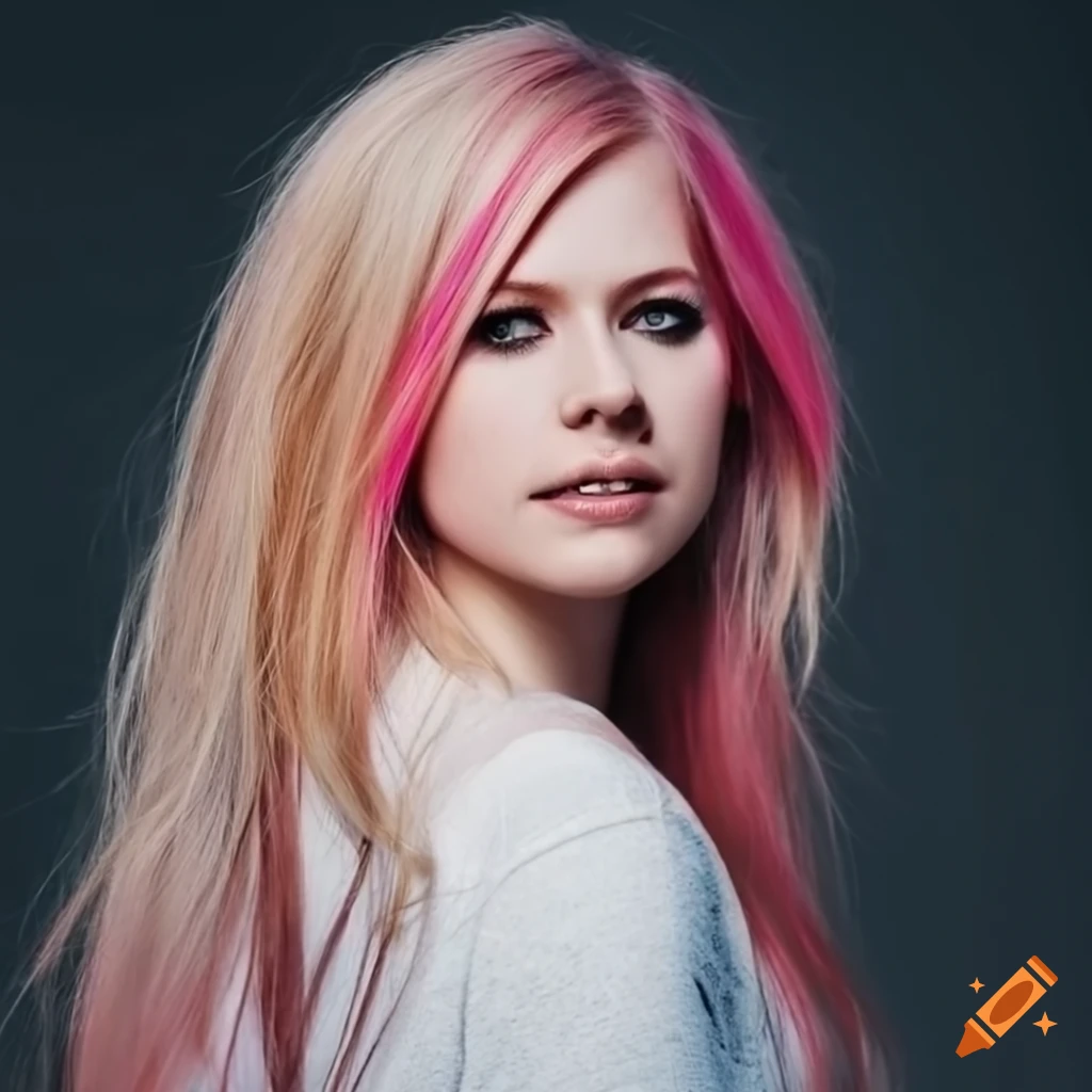 Avril Lavigne with long wavy pink hair and white t-shirt in professional studio photo on Craiyon