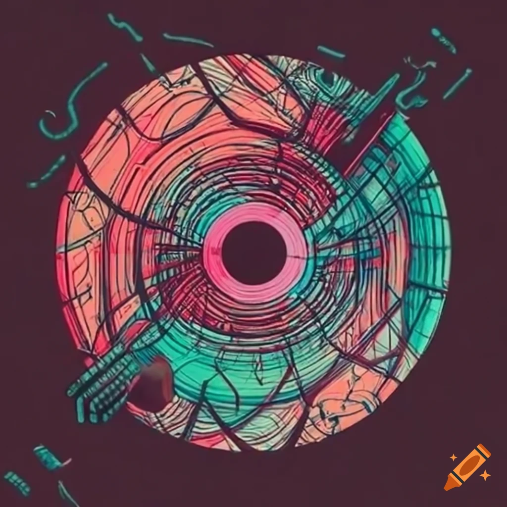 Geometric vinyl record with intricate circuitry design on Craiyon